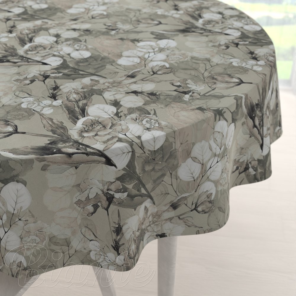 Teflonový kulatý ubrus TF-057 Květy s eukalyptem na hnědobéžovém od ...