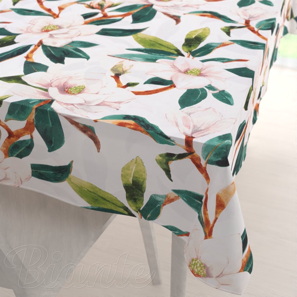 Bavlněný obdélníkový ubrus Sandra SA-293 Magnolie se zelenými listy na ...