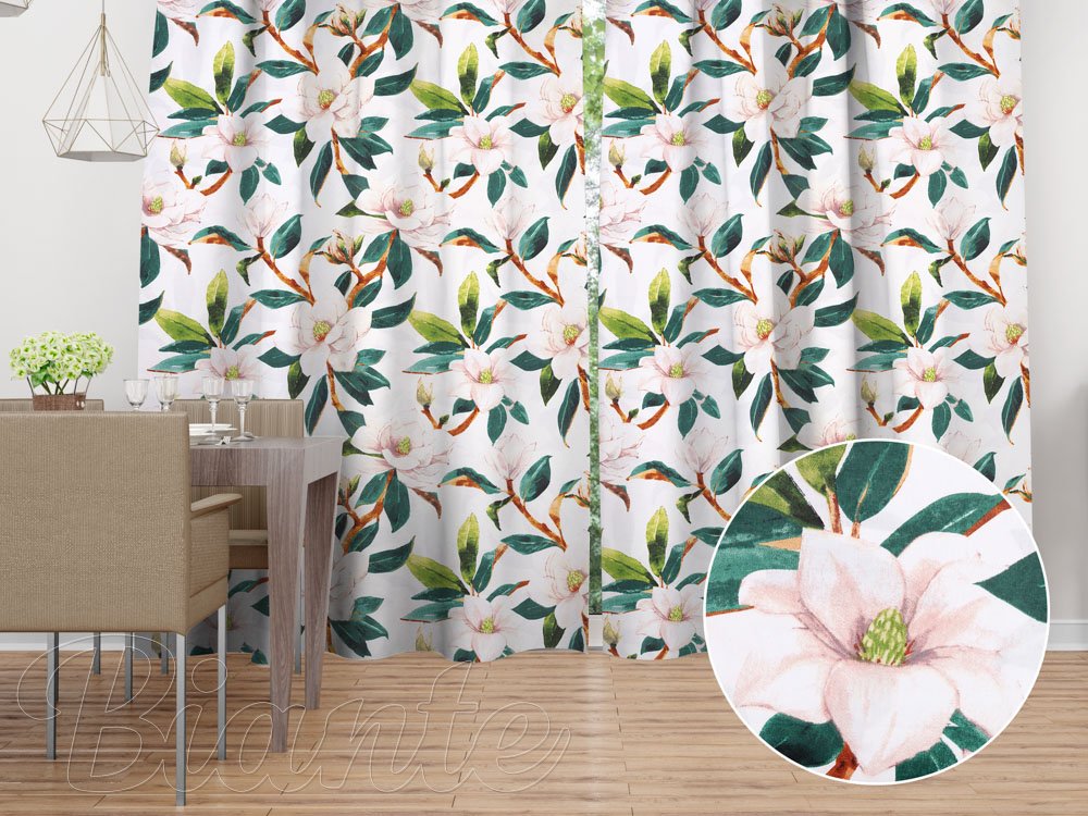 Bavlněný závěs Sandra SA-293 Magnolie se zelenými listy na bílém od ...